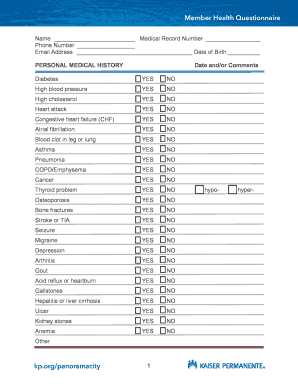 Fillable Online Kaiser Permanente - Member Health Questionnaire Fax ...