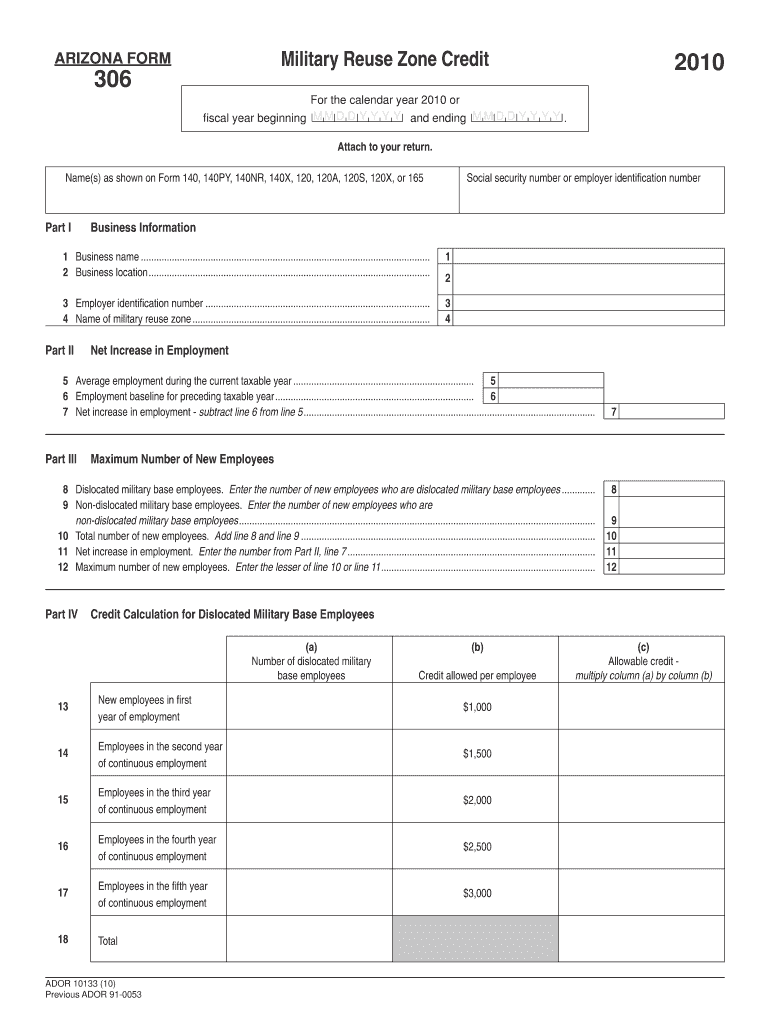 Fillable Online azdor Arizona Form 306. Military Reuse Zone Credit Fax ...