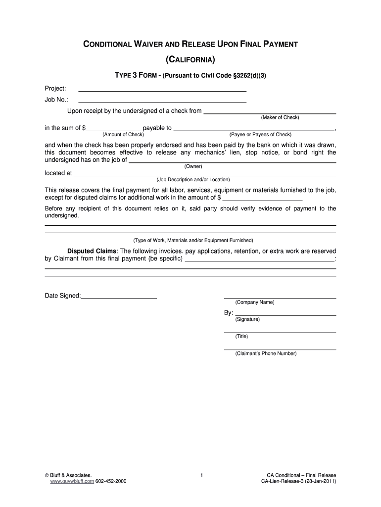 Fillable Online Conditional waiver and release upon final payment ...