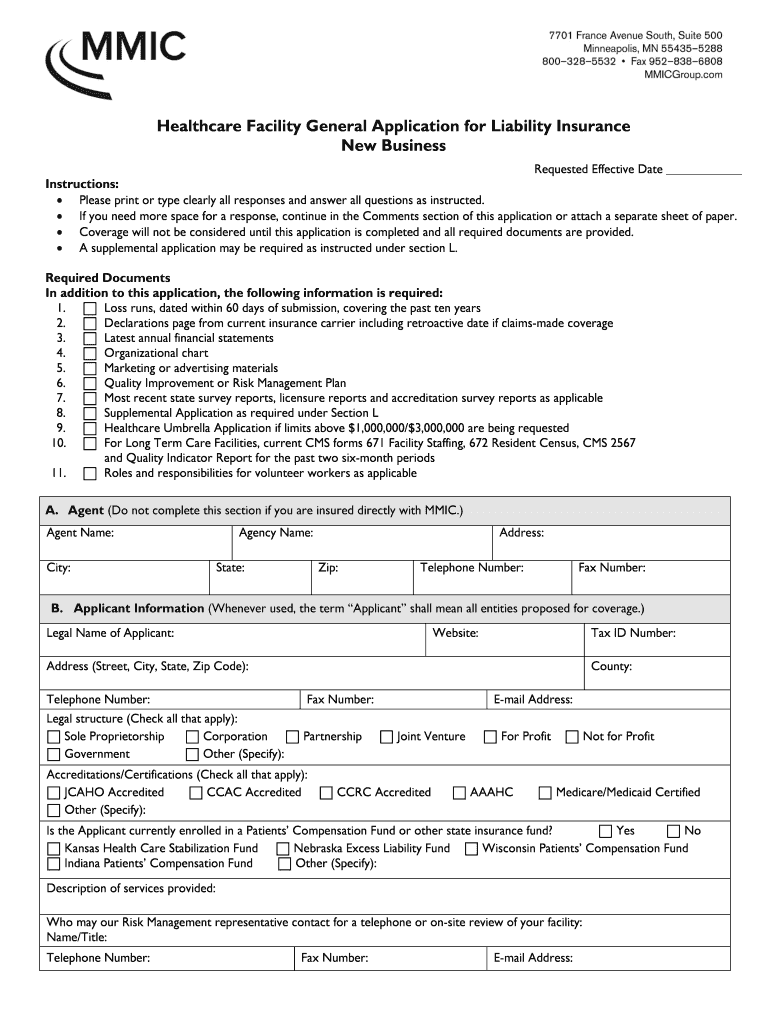 Fillable Online Healthcare Facility General Application for Liability ...