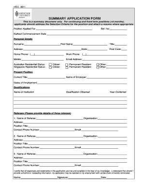 Fillable Online JAMES COOK UNIVERSITY - SUMMARY APPLICATION FORM Fax ...