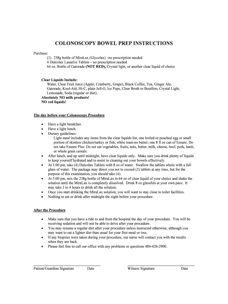 Fillable Online COLONOSCOPY BOWEL PREP INSTRUCTIONS Fax Email Print ...