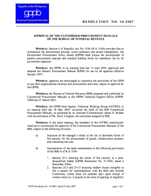 Fillable Online GPPB Resolution No. 10-2007 Approving BIR Procurement ...
