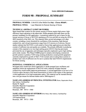 Fillable Online NASA SBIR 00II Solicitation FORM 9B PROPOSAL SUMMARY ...