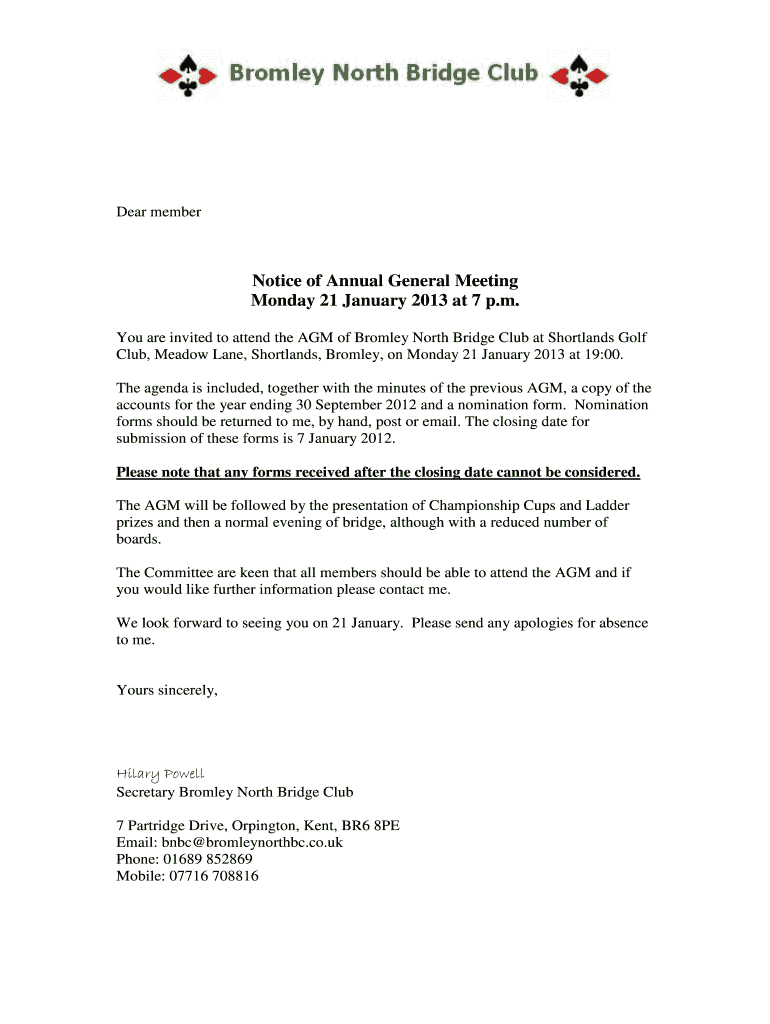 Fillable Online You are invited to attend the AGM of Bromley North ...