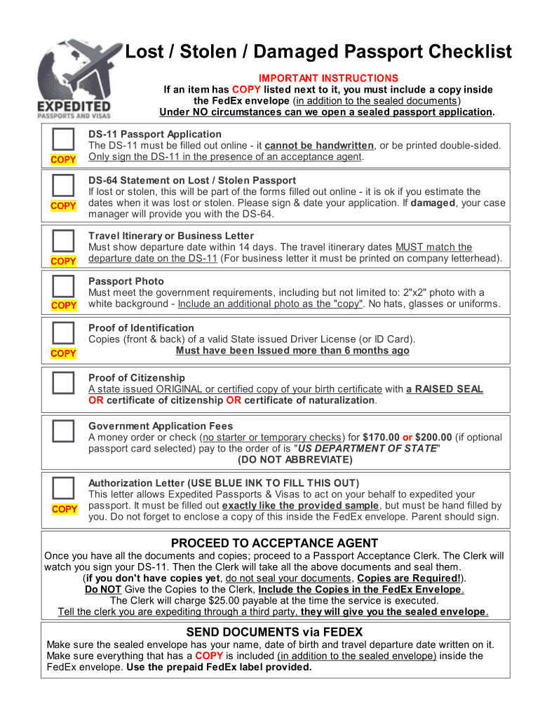 Fillable Online Lost / Stolen / Damaged Passport Checklist Fax Email ...