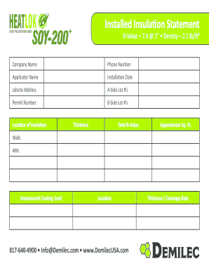 Fillable Online Heatlok Soy 200 Plus Installed Insulation Statement Fax ...