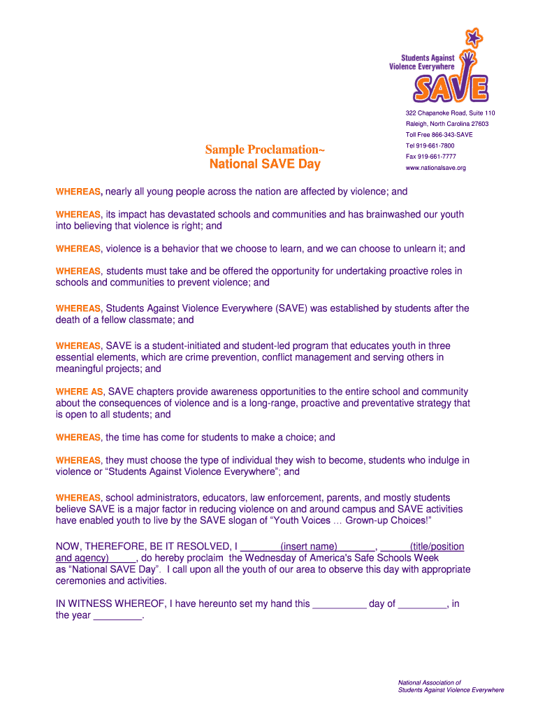 Fillable Online Sample Proclamation National SAVE Day - Students ...