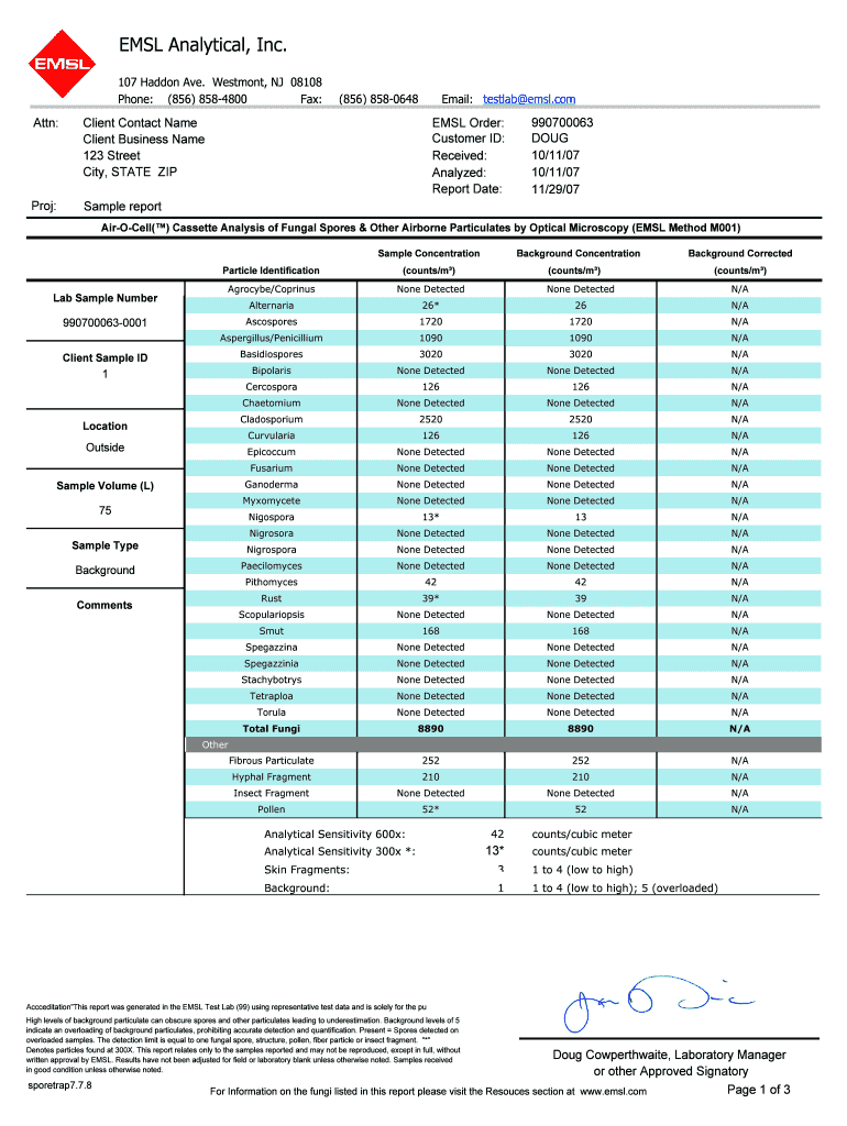 Fillable Online Mold Spore Trap Sample Report Version1 - EMSL Fax Email ...
