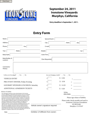 Fillable Online sfmodelaclub B2011b Ironstone Concours d39Elegance Entry bFormb - sfmodelaclub ...