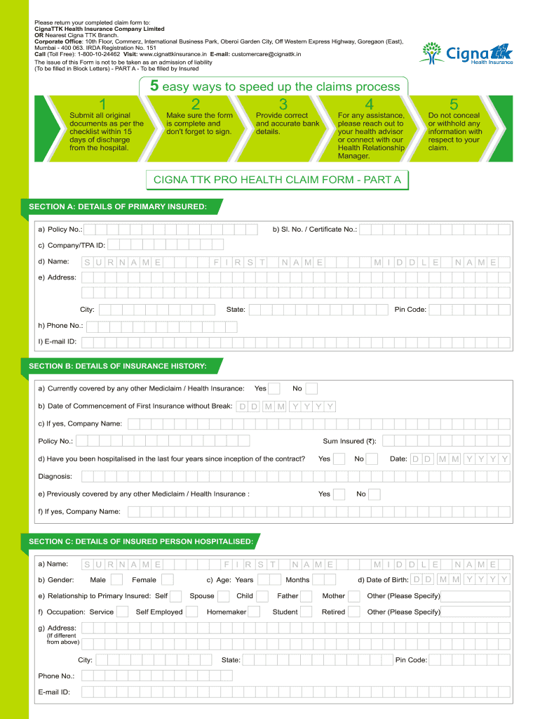 Fillable Online cignattkinsurance Claim Reimbursement Form - Health ...