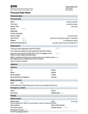 Fillable Online Personal data sheet (PDF, 519 KB) - ETH Z rich Fax Email Print - pdfFiller