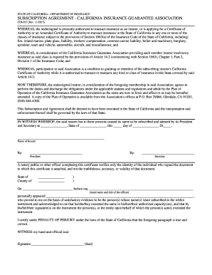 Fillable Online insurance ca SUBSCRIPTION AGREEMENT CALIFORNIA ...