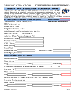 Fillable Online research utep INTERNATIONAL SUBRECIPIENT COMMITMENT FORM - research utep Fax ...
