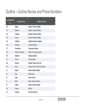 Fillable Online Quitline Quitline Names and Phone Numbers Fax Email ...