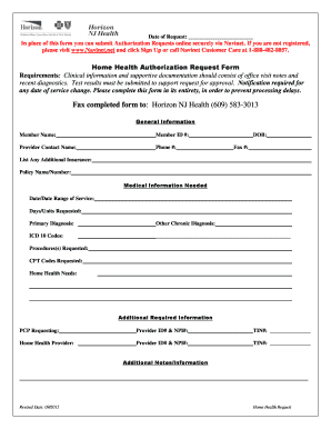 Fillable Online Home Health Authorization Request Form - Horizon NJ ...