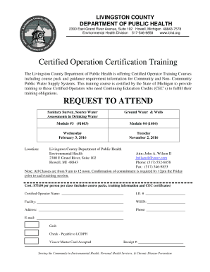 Fillable Online 2016 Certified Operator Training for Non - Livingston ...