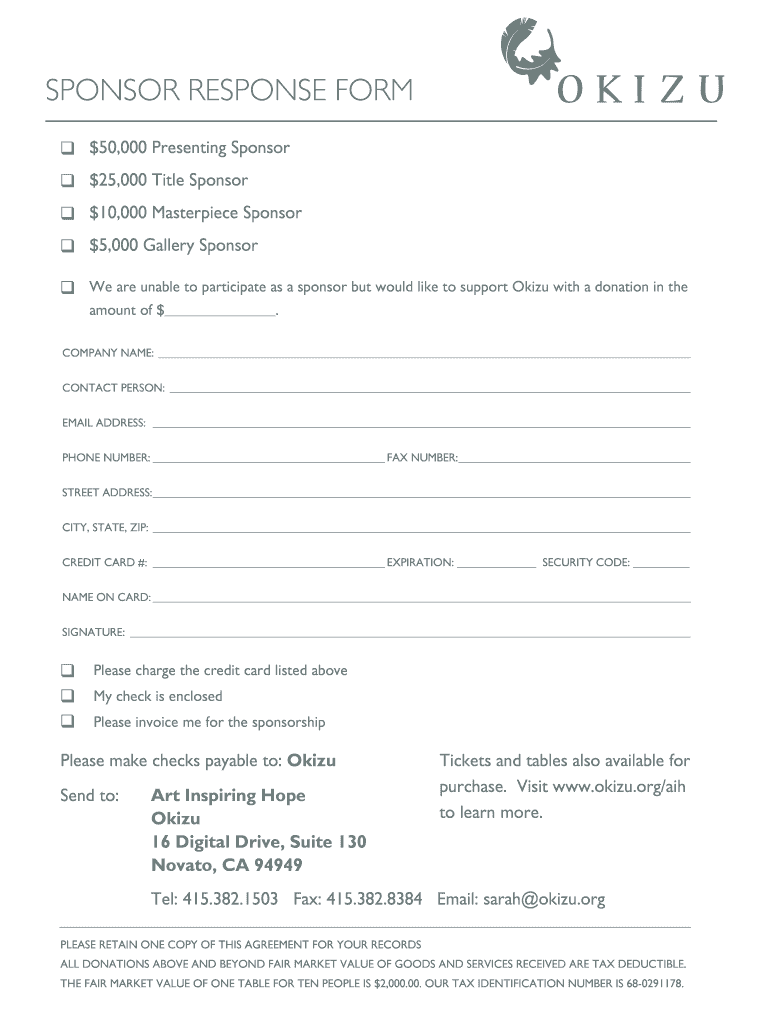 Fillable Online AIH 2016 Sponsorship Reply Form Fax Email Print - pdfFiller