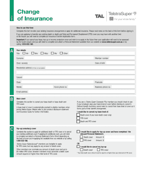 Fillable Online Change of Insurance form - Telstra Super Fax Email ...