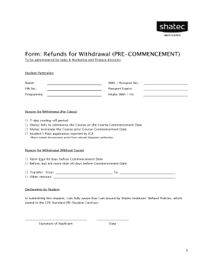 Fillable Online shatec Form Refunds for Withdrawal PRE-COMMENCEMENT - shatec Fax Email Print ...