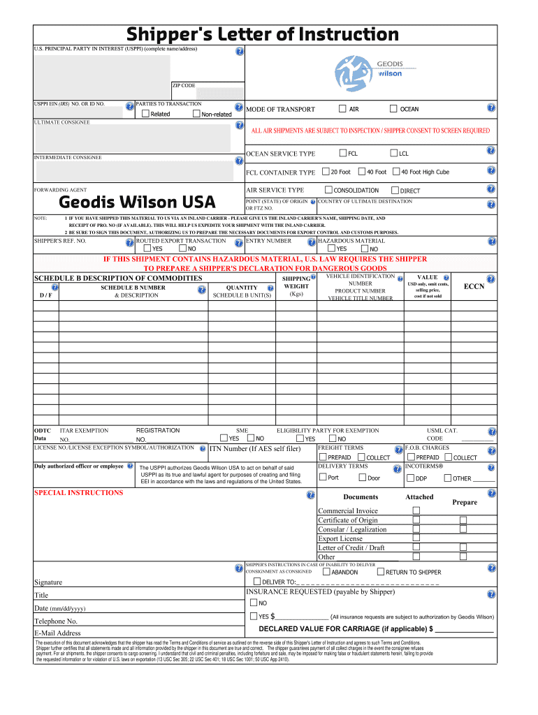Shipper s Letter Of Instruction Template Excel