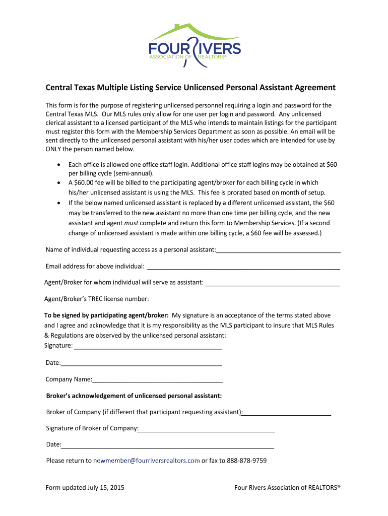 Fillable Online Central Texas Multiple Listing Service Unlicensed ...