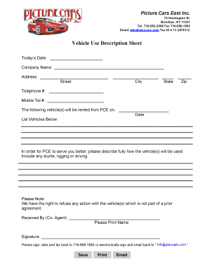 Fillable Online Vehicle Use Description Sheet - Picture Cars Fax Email ...