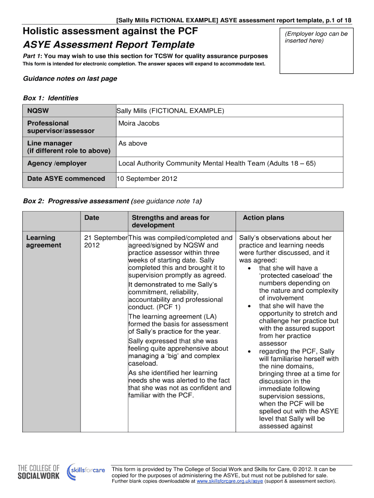 Fillable Online Sally Mills FICTIONAL EXAMPLE ASYE assessment report ...