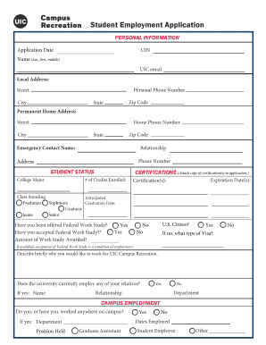 Fillable Online recreation uic Student Employment Application Form ...