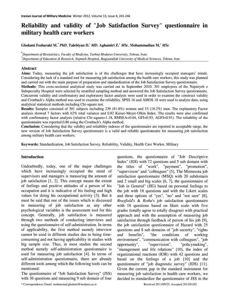Fillable Online militarymedj Reliability and validity of "Job ...