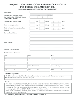 Fillable Online wup torun REQUEST FOR IRISH SOCIAL INSURANCE RECORDS ...