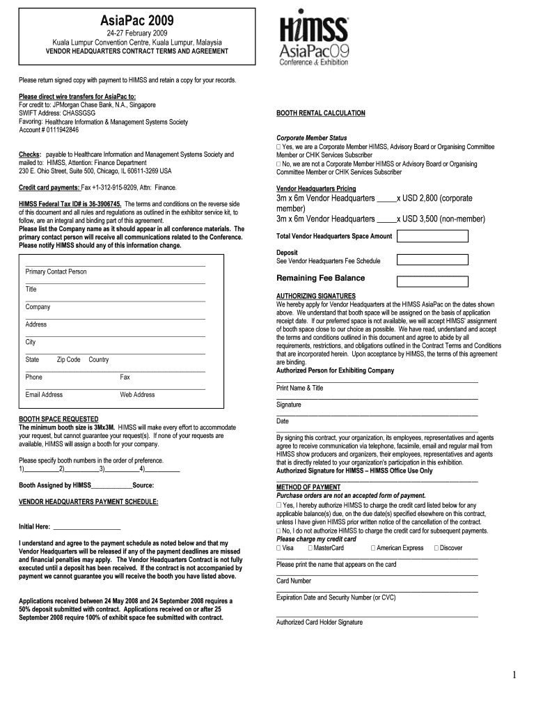 Fillable Online vendor himss AsiaPac09 VHQ Space Contractdoc Fax Email Print - pdfFiller