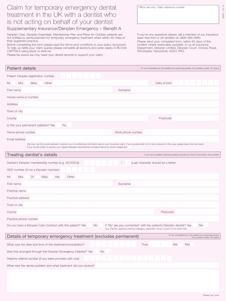 Fillable Online denplan co Claim for temporary emergency dental ...