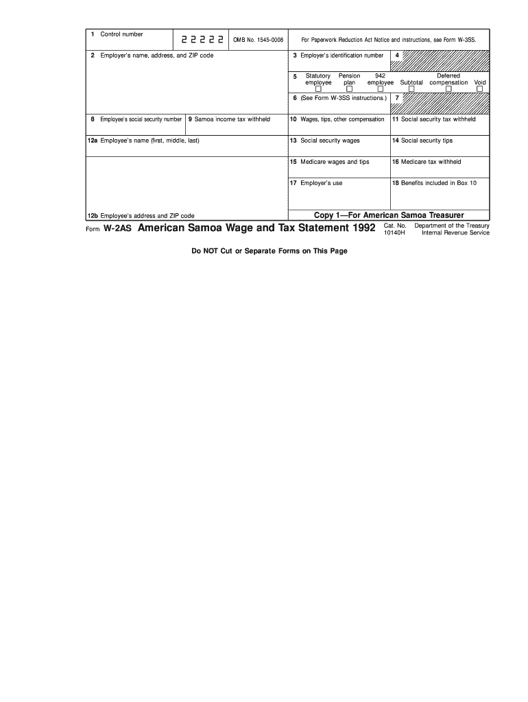 Fillable Online Form W-2AS American Samoa Wage and Tax Statement b1992b ...