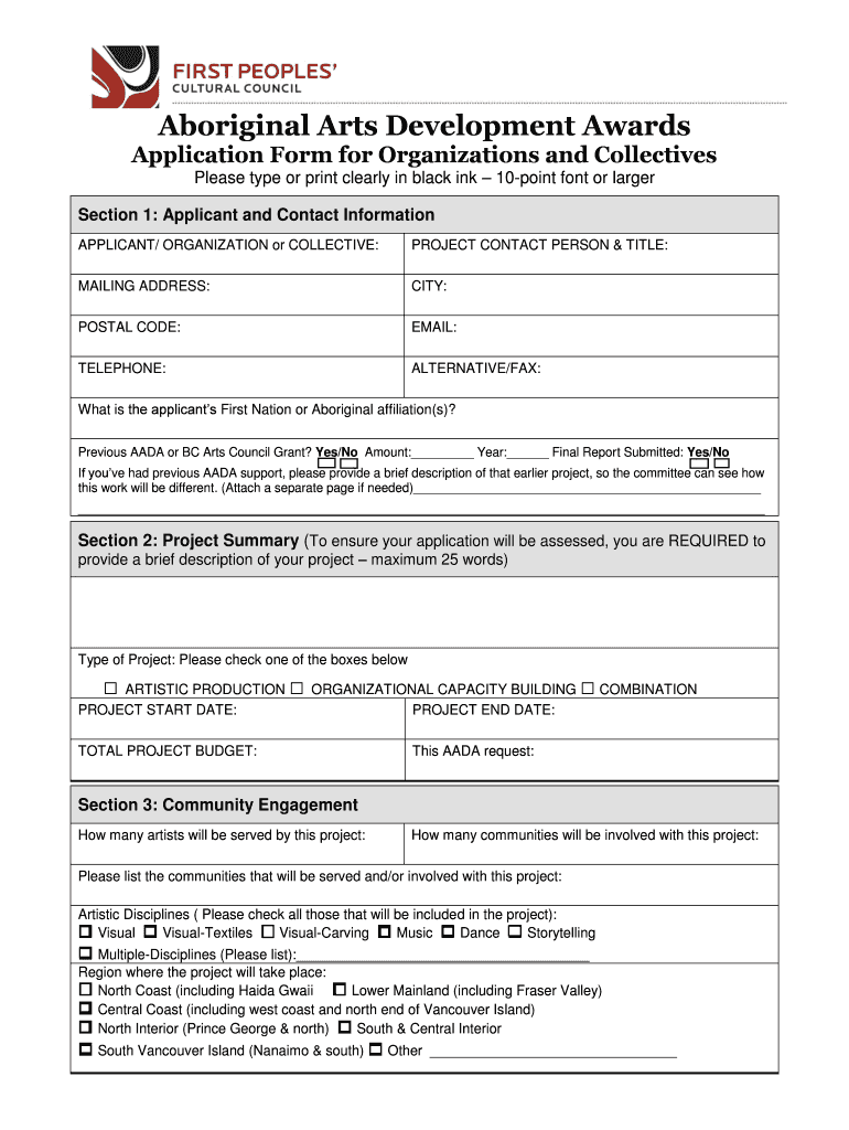 Fillable Online Aboriginal Arts Development Awards Application Form for Organizations and ...