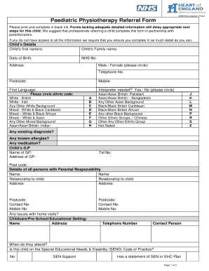 Fillable Online heartofengland nhs Paediatric Physiotherapy Referral ...