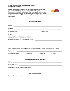 Fillable Online WORK EXPERIENCE APPLICATION FORM - Adelaide Festival ...