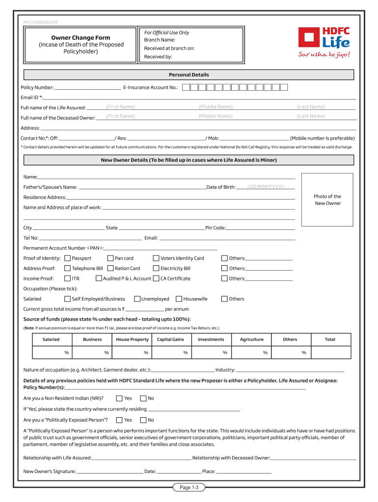 Fillable Online Owner Change Formcdr - HDFC Life Fax Email Print ...