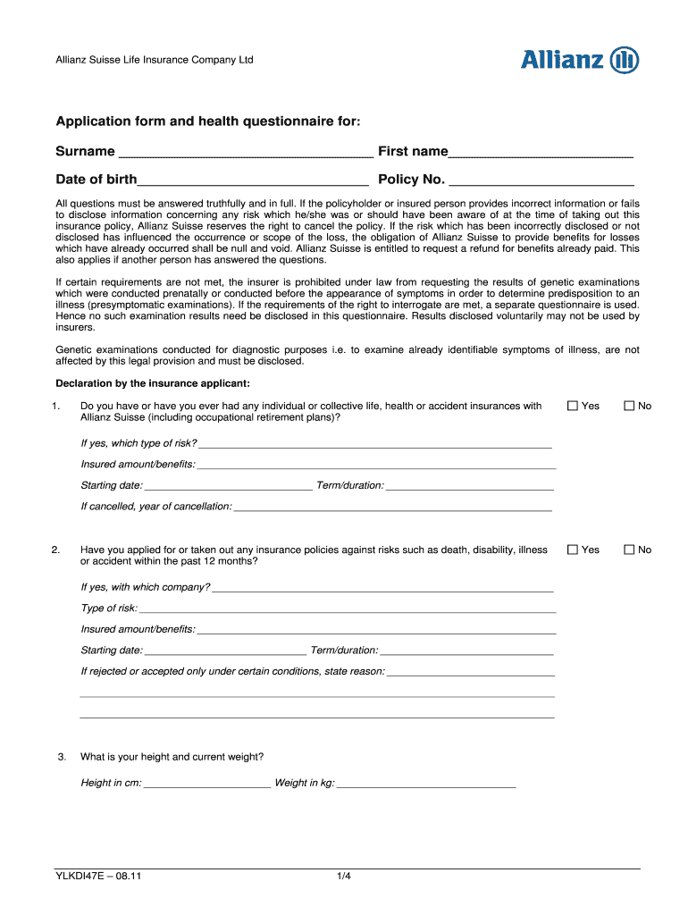 Fillable Online allianz Application form and health questionnaire for ...
