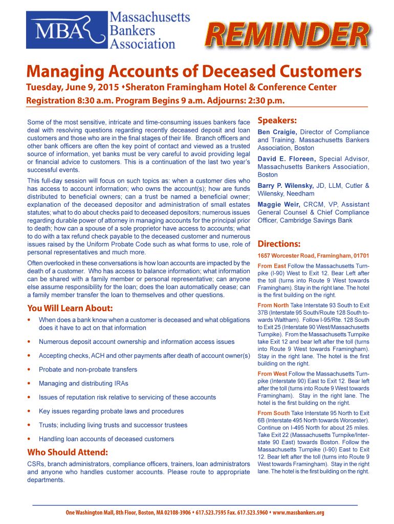 Fillable Online massbankers Managing Accounts of Deceased Customers - massbankers Fax Email ...