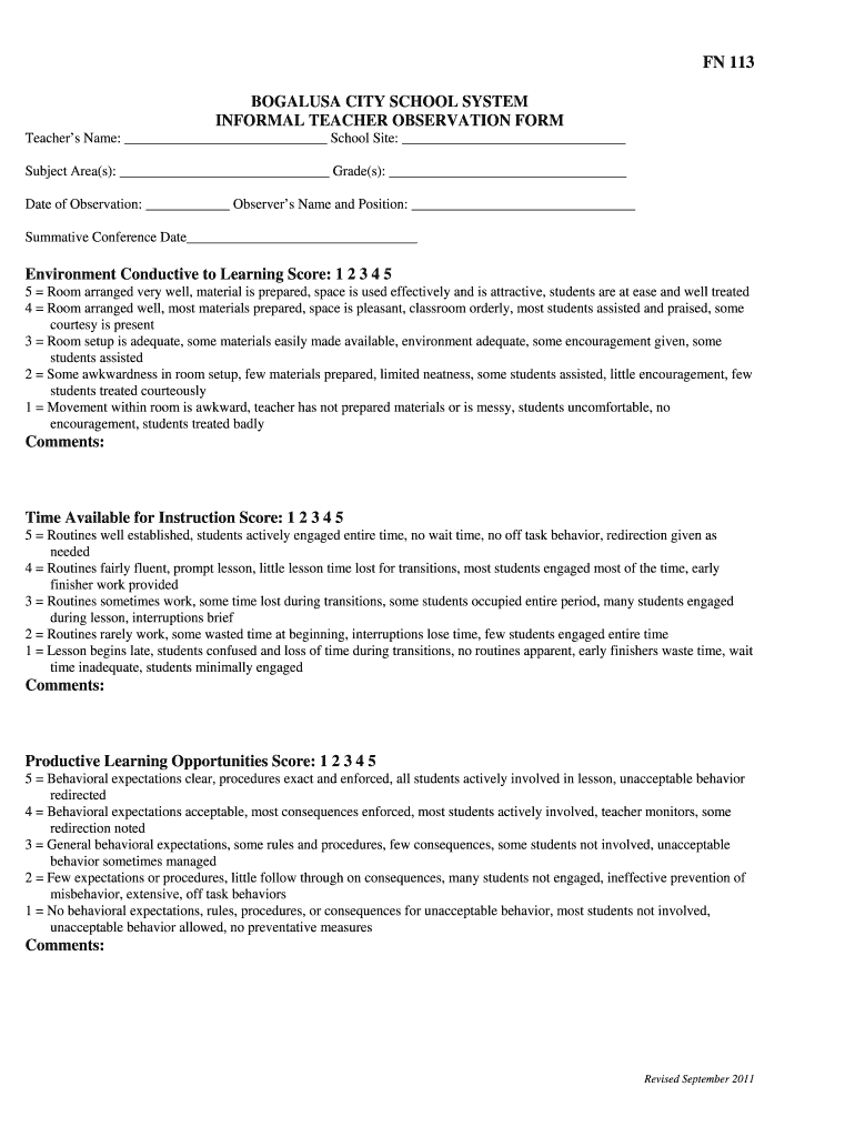 Fillable Online bogalusaschools FN 113 - Informal Teacher Observation ...