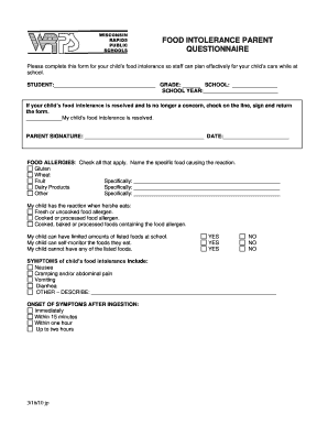 Fillable Online FOOD INTOLERANCE PARENT QUESTIONNAIRE Fax Email Print ...