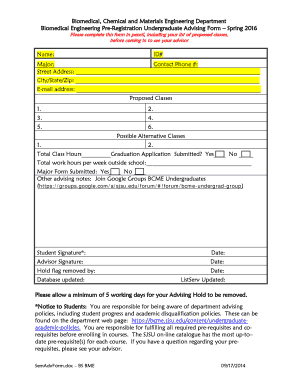 Fillable Online bcme sjsu Spring 2016 BME Advising form Fax Email Print - pdfFiller