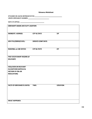 Fillable Online fiseheadquarters 158 Grievance Worksheet STEWARD OR ...