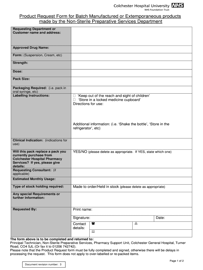 Fillable Online Product Request Form for Batch Manufactured or ...