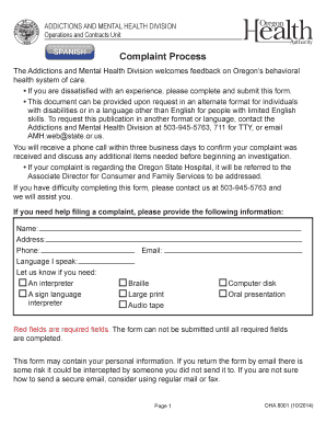Fillable Online apps state or OHA 8001 Complaint Process Oregon State ...