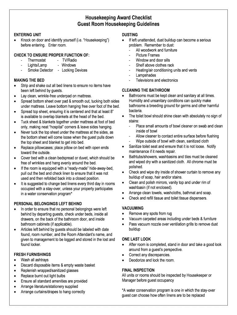 Fillable Online Housekeeping Award Checklist Fax Email Print - pdfFiller