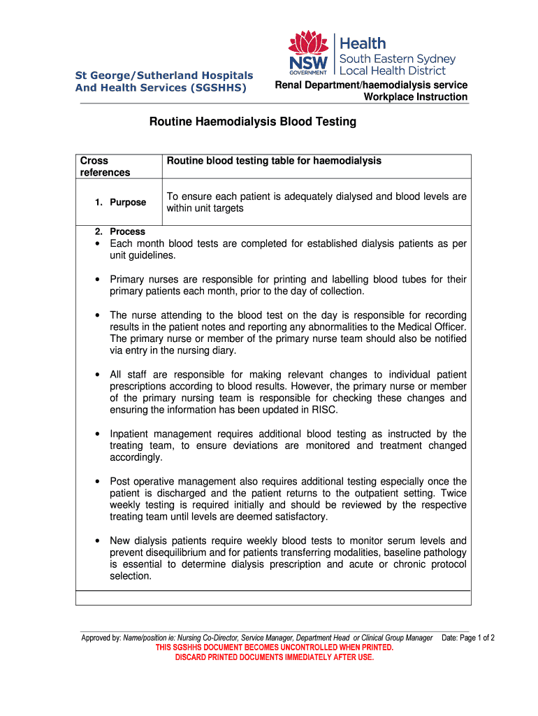 Fillable Online Renal Department/haemodialysis service Fax Email Print ...