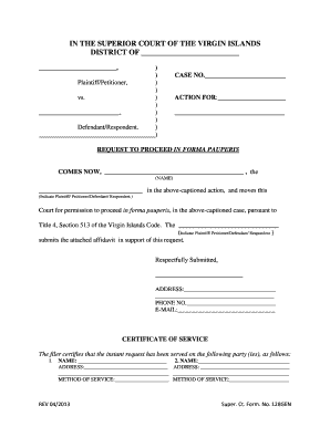Fillable Online visuperiorcourt In Forma Pauperis - Superior Court Fax ...