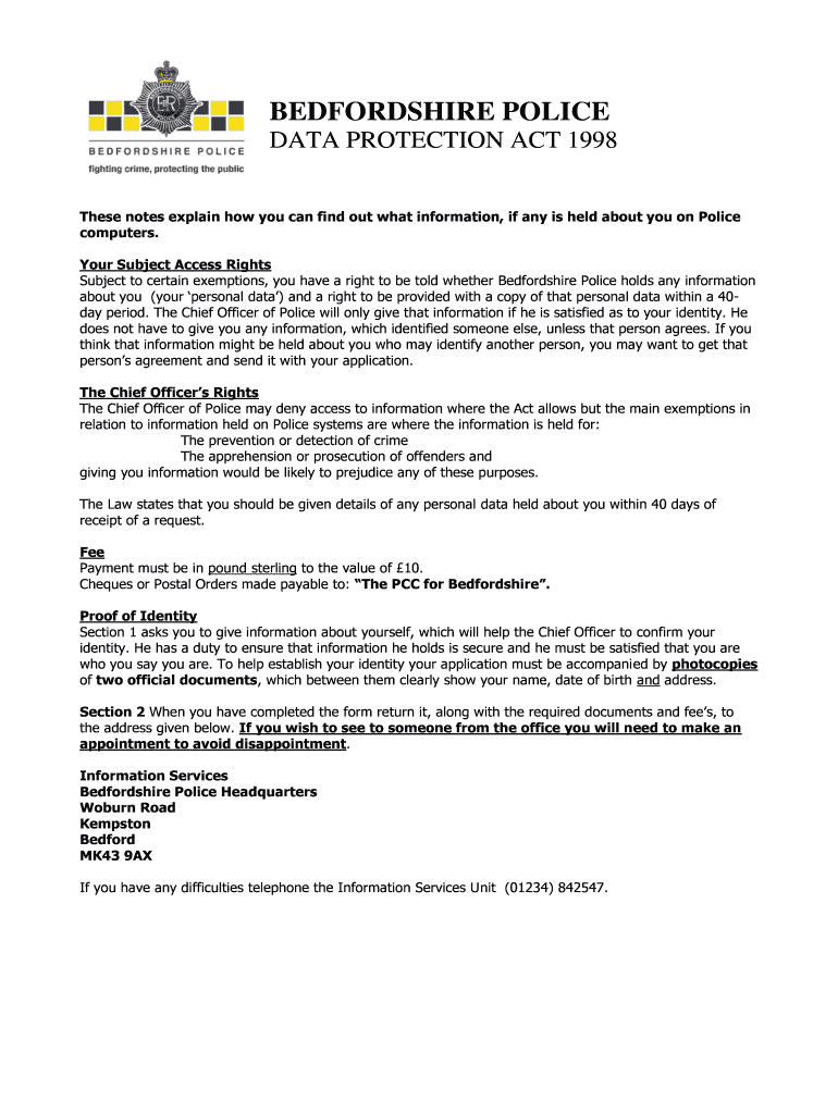 Fillable Online Bedfordshire Subject Access Form - Bedfordshire Police ...
